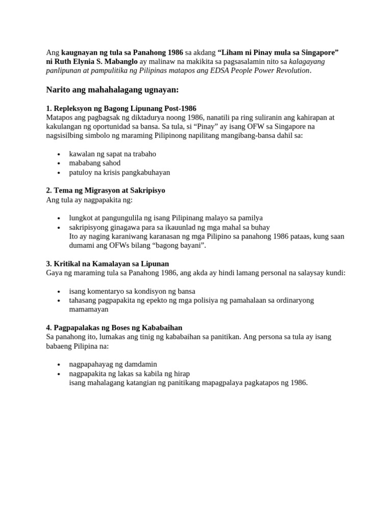 Ang Kaugnayan Ng Tula Sa Panahong 1986 Sa Akdang | PDF