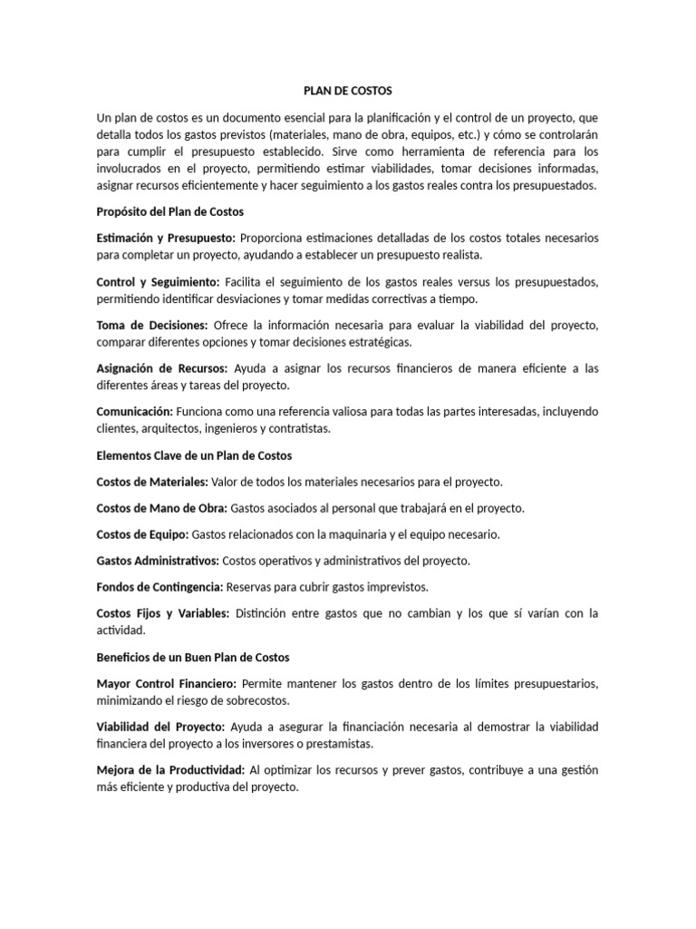 Plan de Costos | PDF