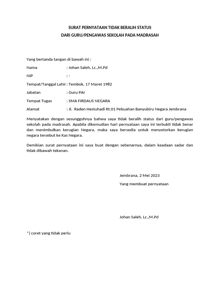 Surat Pernyataan Tidak Beralih Status | PDF