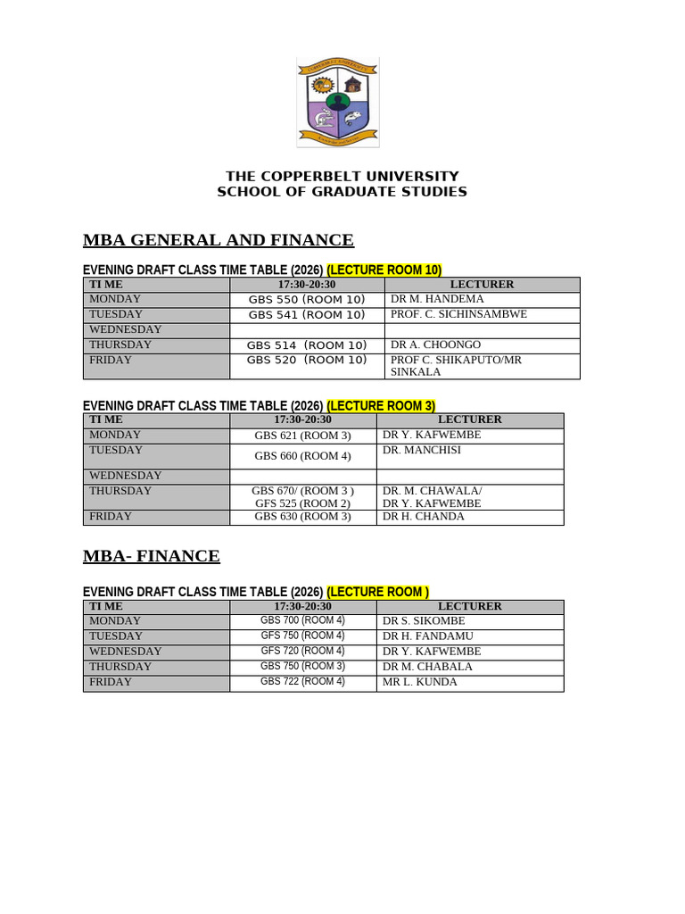 2026 Semester One Time Table Evening | PDF