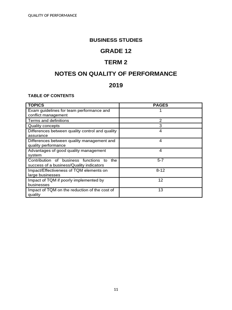 Business Studies Grade 12 Notes on Quality of Performance | PDF ...