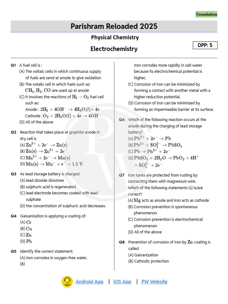 Electrochemistry - DPP 05 (Of Lec 07) - Parishram Reloaded 2025 | PDF ...