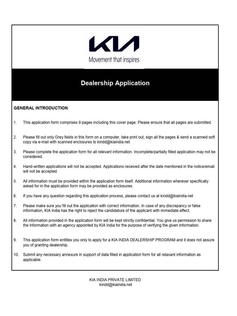 Kia India Dealership Application Form 2026 | PDF | Equity (Finance ...