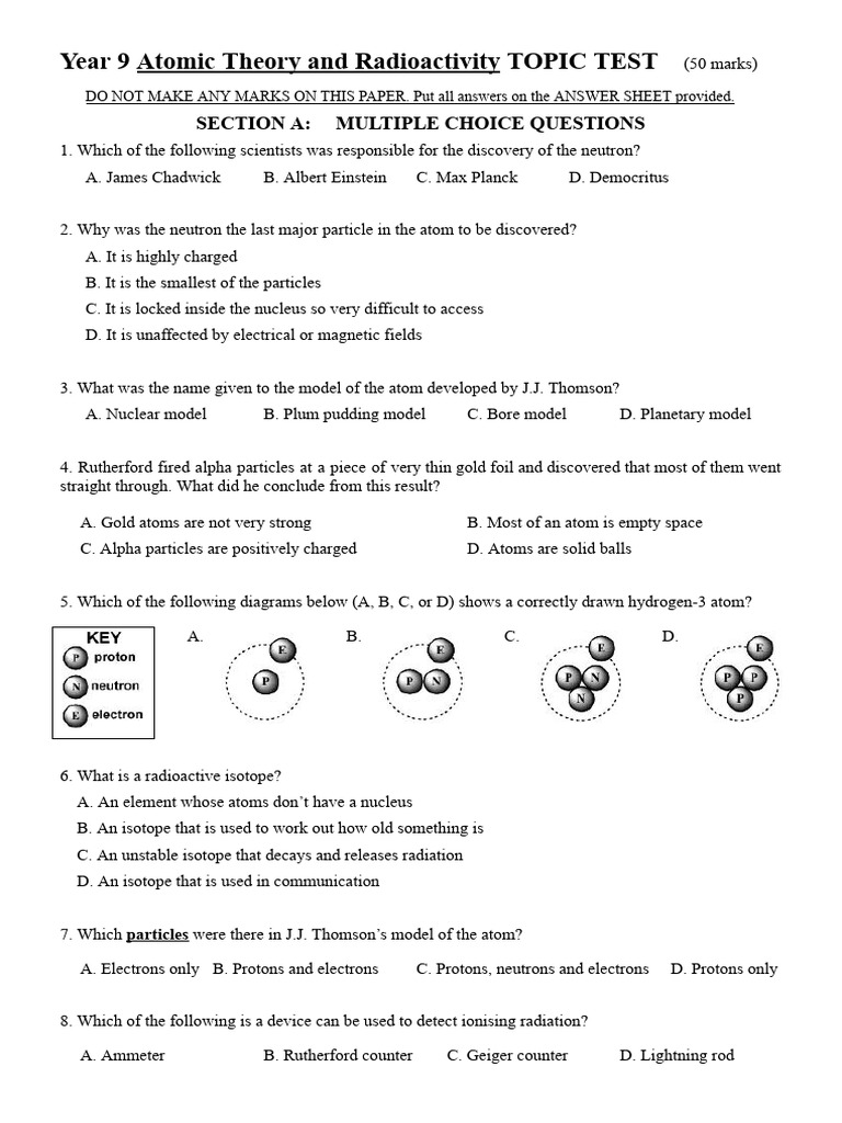 Atomic Theory Topic Test | PDF | Atoms | Neutron