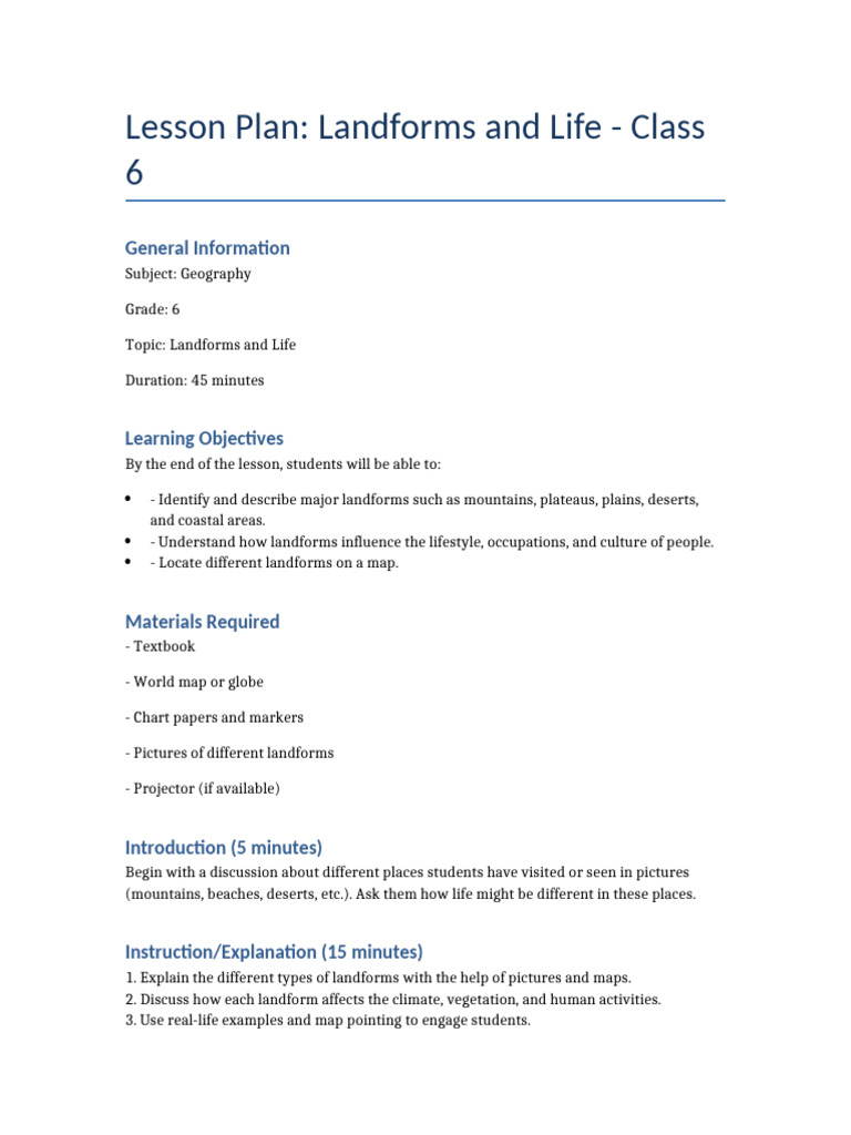 Lesson Plan Landforms and Life Class 6 | PDF
