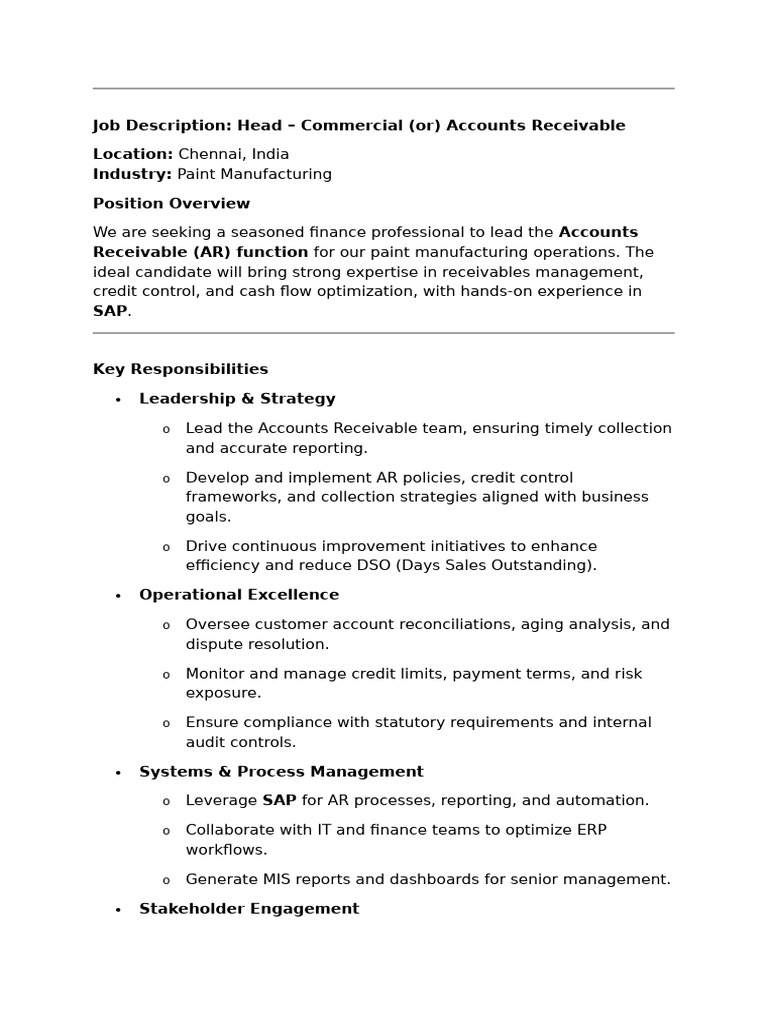 JD - Head Commercial | PDF | Enterprise Resource Planning | Economies