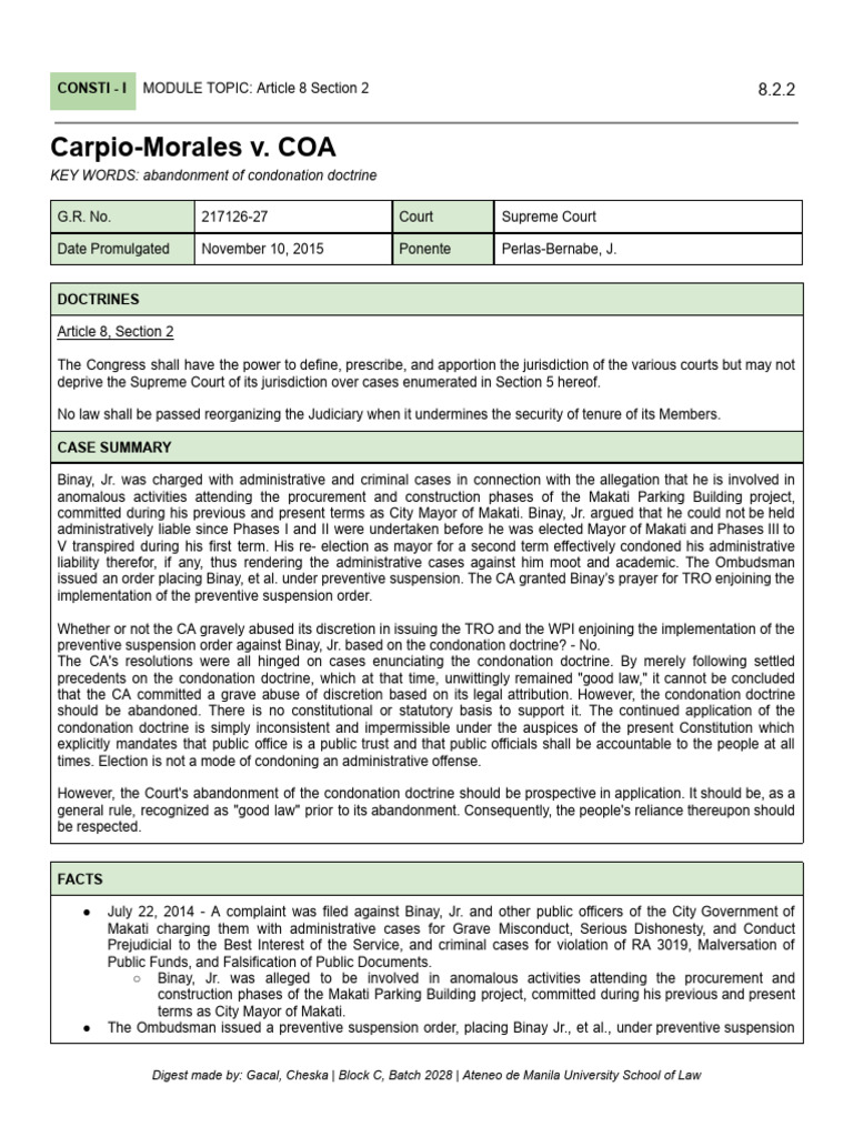 8.2.2 CONSTI1 - Carpio-Morales V COA & Binay Jr. | PDF | Injunction ...