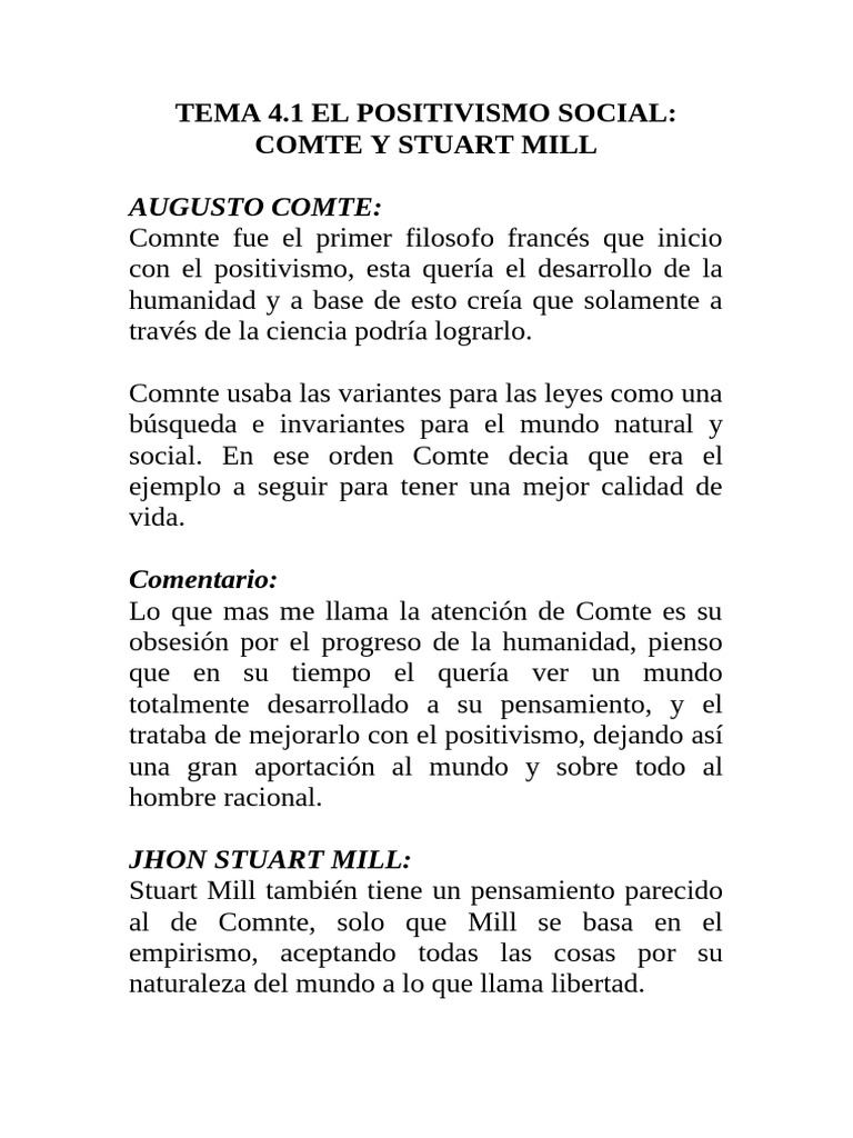 Tema 4 El Positivismo Social Comte y Stuart Mill | PDF