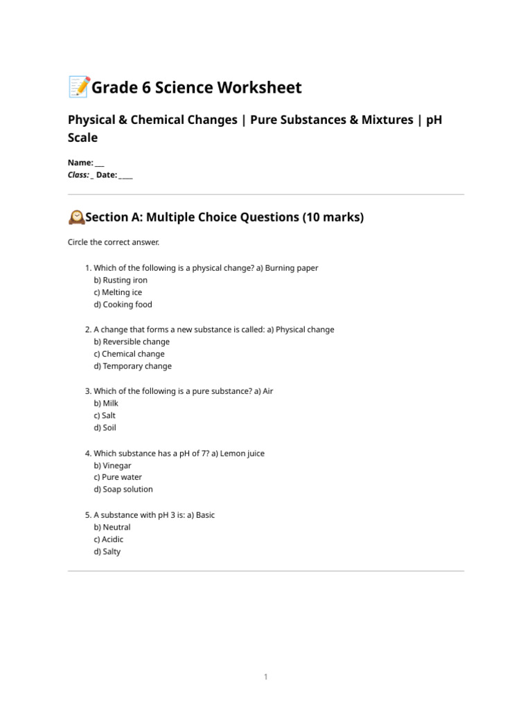 Grade 6 Science Worksheet Changes Mixtures P H 1 | PDF