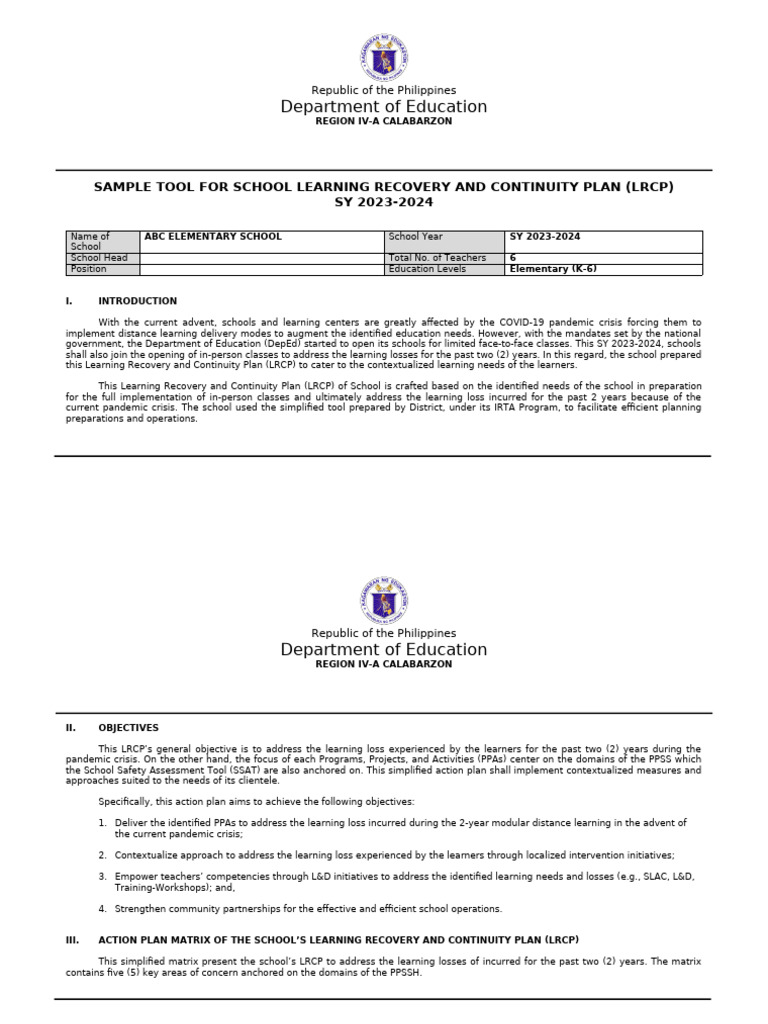 Sample-Learning Recovery Continuity Plan School Year 2022-2023 | PDF ...