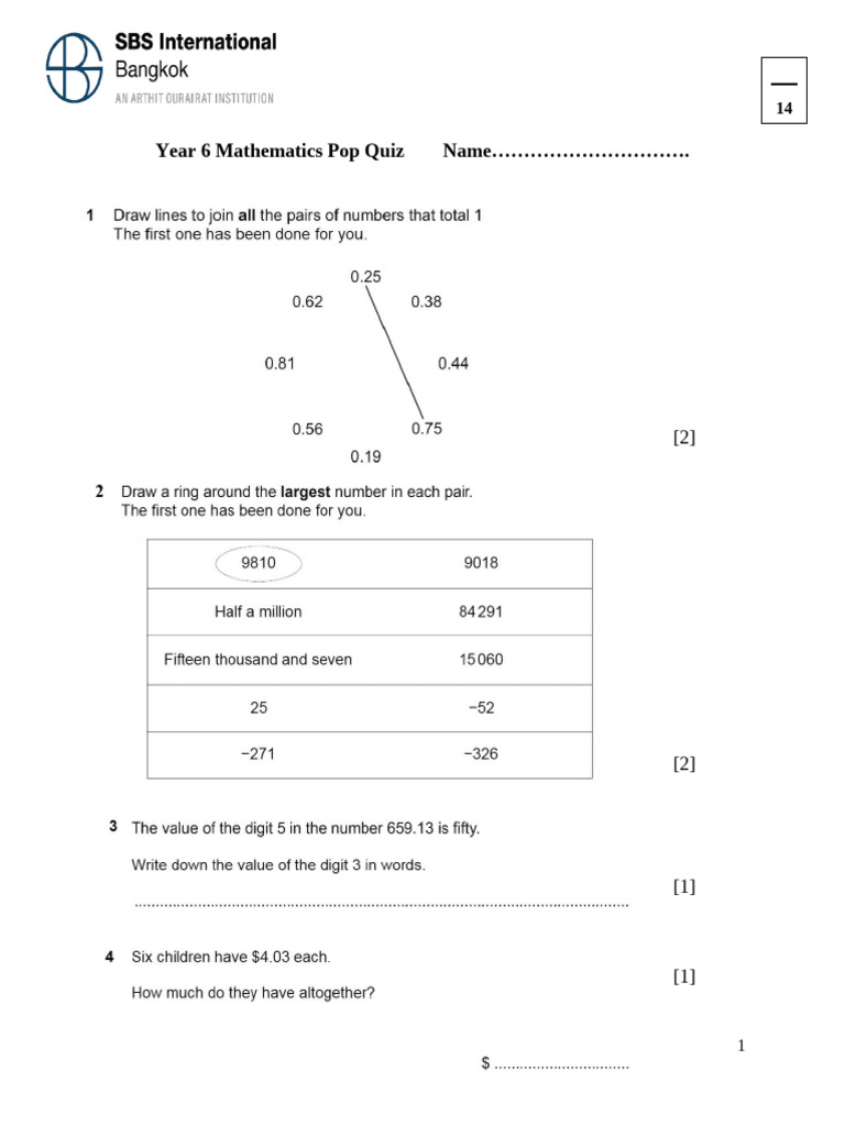 Year 6 Mathematics Pop Quiz | PDF