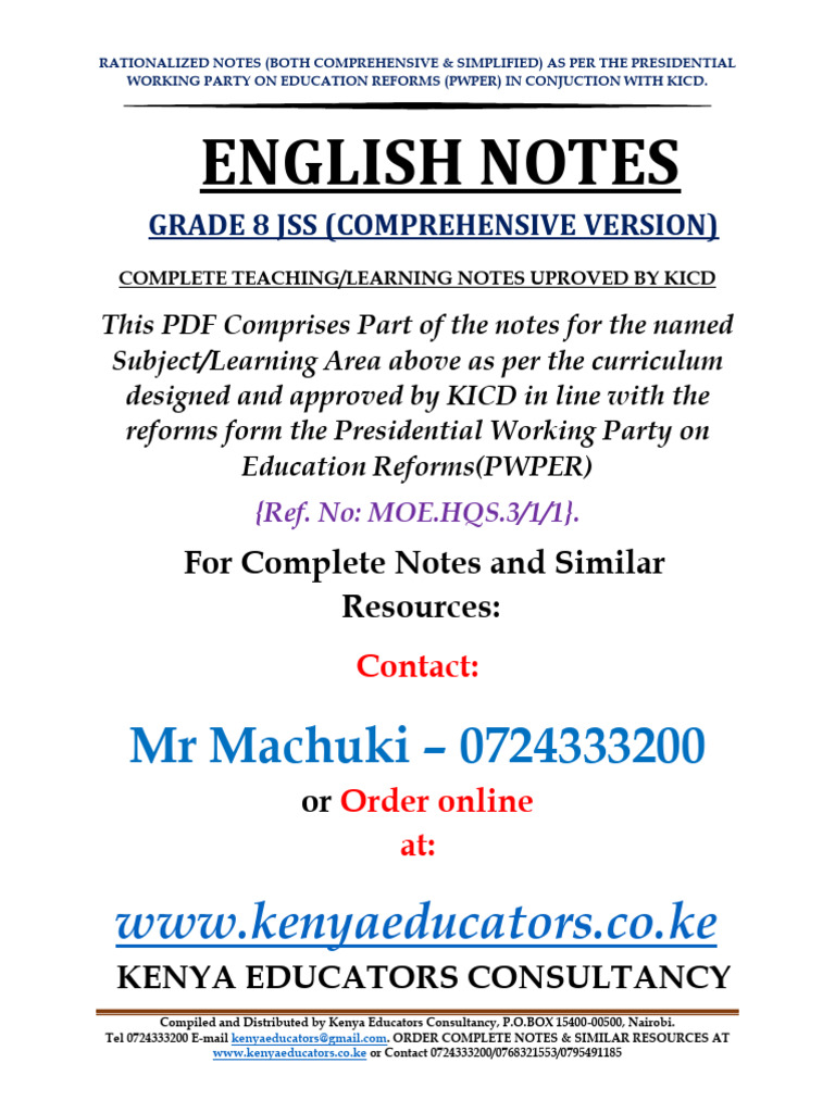 Eng Grade 8 Jss Comprehensive Notes | PDF | Syntax | Grammar