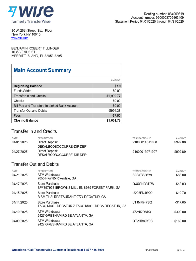 Wise Statement Word and PDF | PDF | Debits And Credits | Receipt