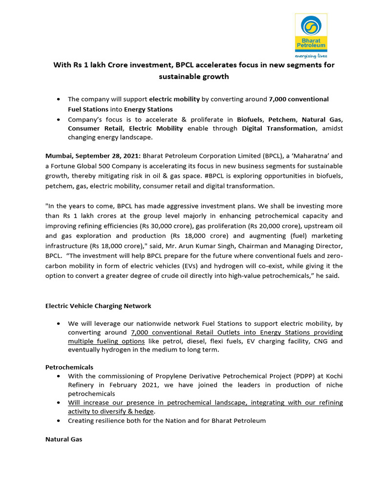 Bpcl Agmpress Release With Cmd Quote c4af62 | PDF | Natural Gas ...