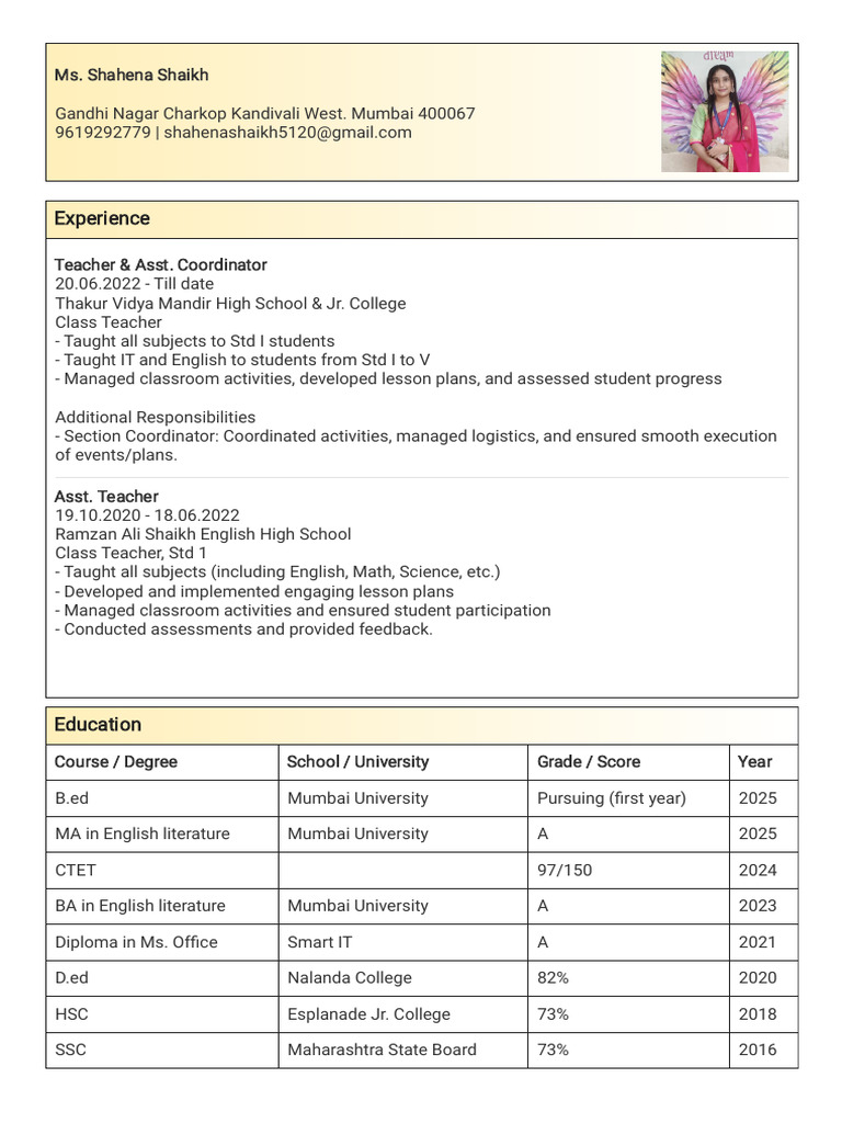 Ms.shahena (Resume -2025) | PDF | Teachers | Learning
