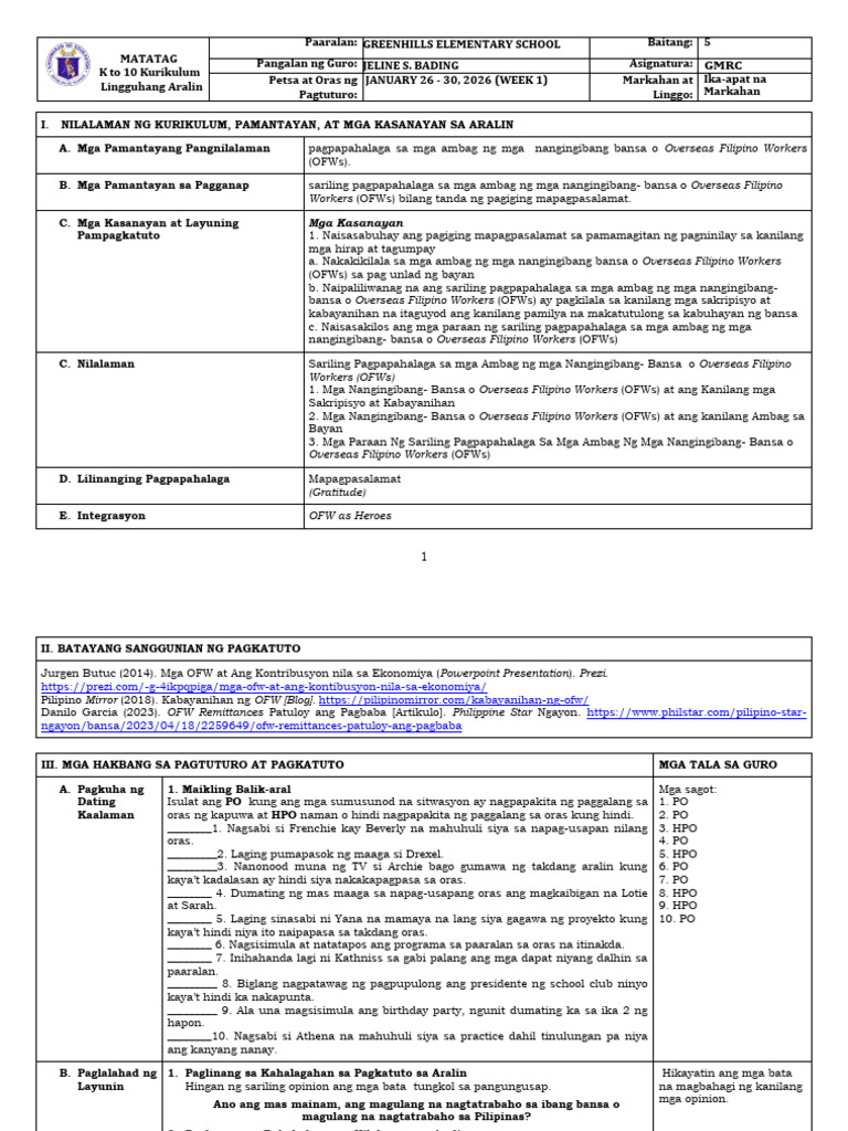 Dtc_dll Matatag _gmrc 5 q4 w1 (1) | PDF