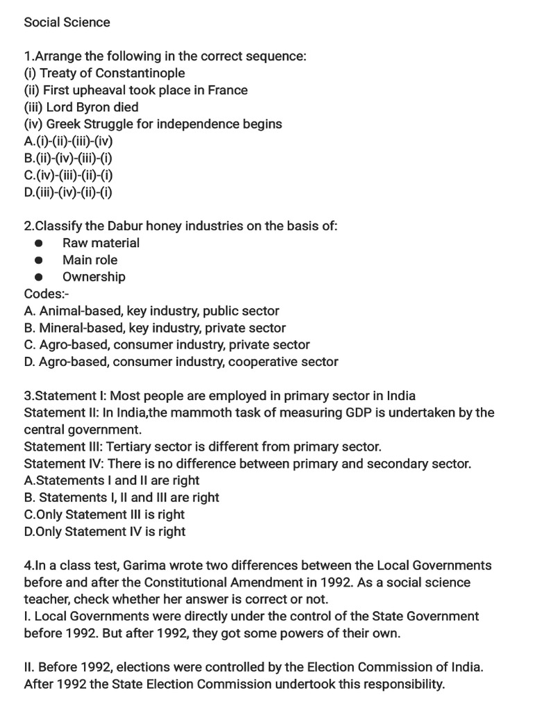 SST CBSE X MCQ With Solution | PDF