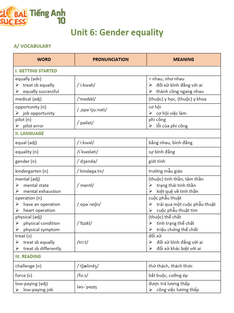 Vocabulary, Grammar and Practice - Unit 6. Gender Equality | PDF