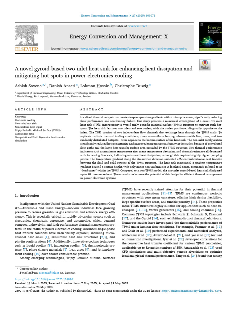 A Novel Gyroid-based Two-Inlet Heat Sink for Enhancing Heat Dissipation ...