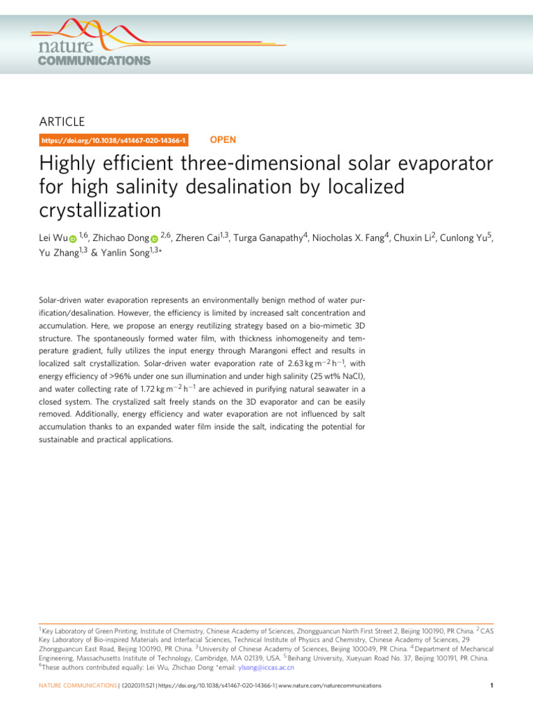 Highly Efficient Threedimensional Solar Evaporator for High Salinity ...