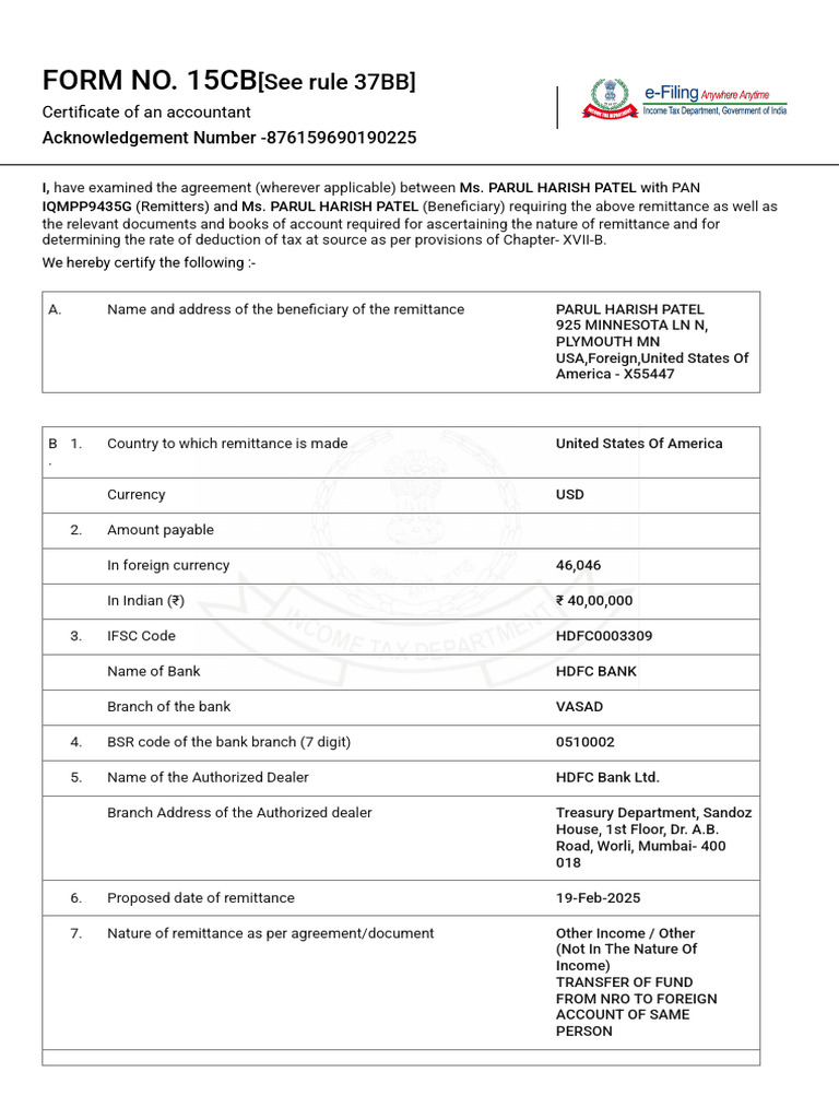 Form 15CB_Filed Form | PDF | Taxes | Government Finances