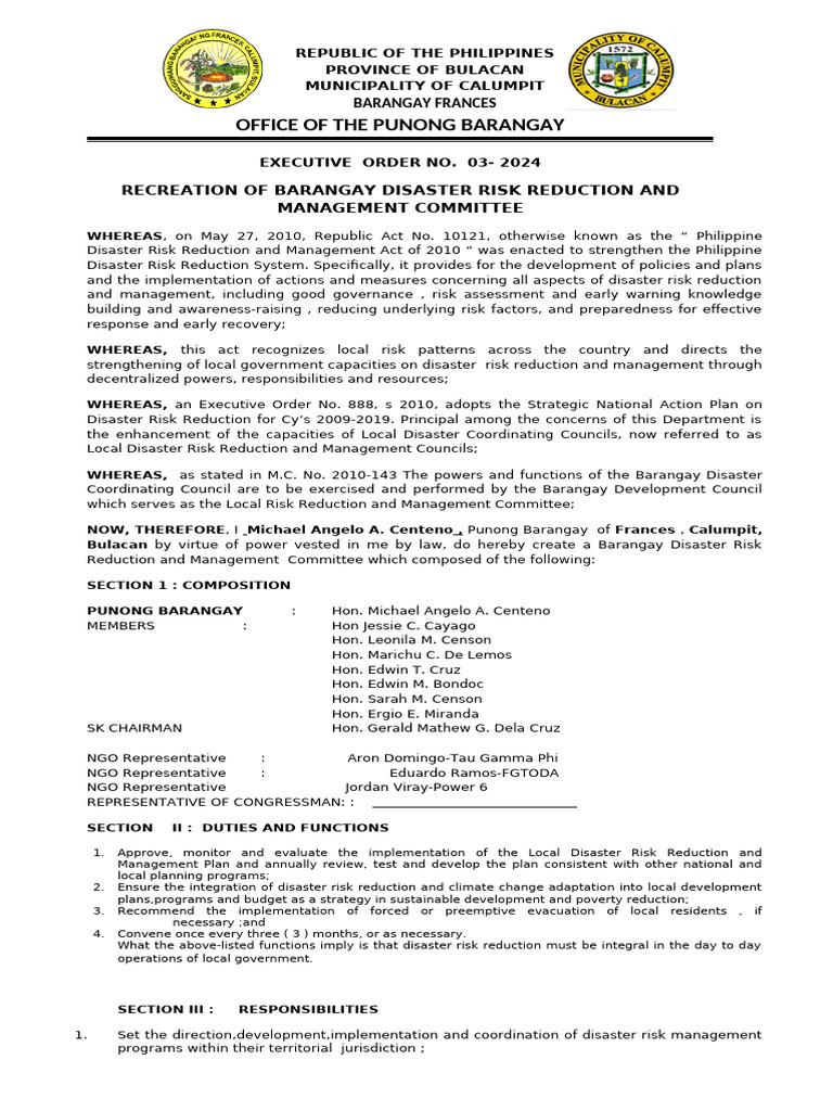 BDRRMC Eo-03,2024 Kap Mikel | PDF | Disaster Risk Reduction | Emergency ...
