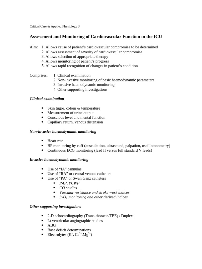 CCAP 3 Handout - Assessment of CVS in ICU - 1 | PDF | Shock ...