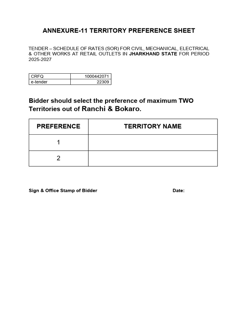 Annexure 11 Territory Prefernce Sheet - Jharkhand | PDF