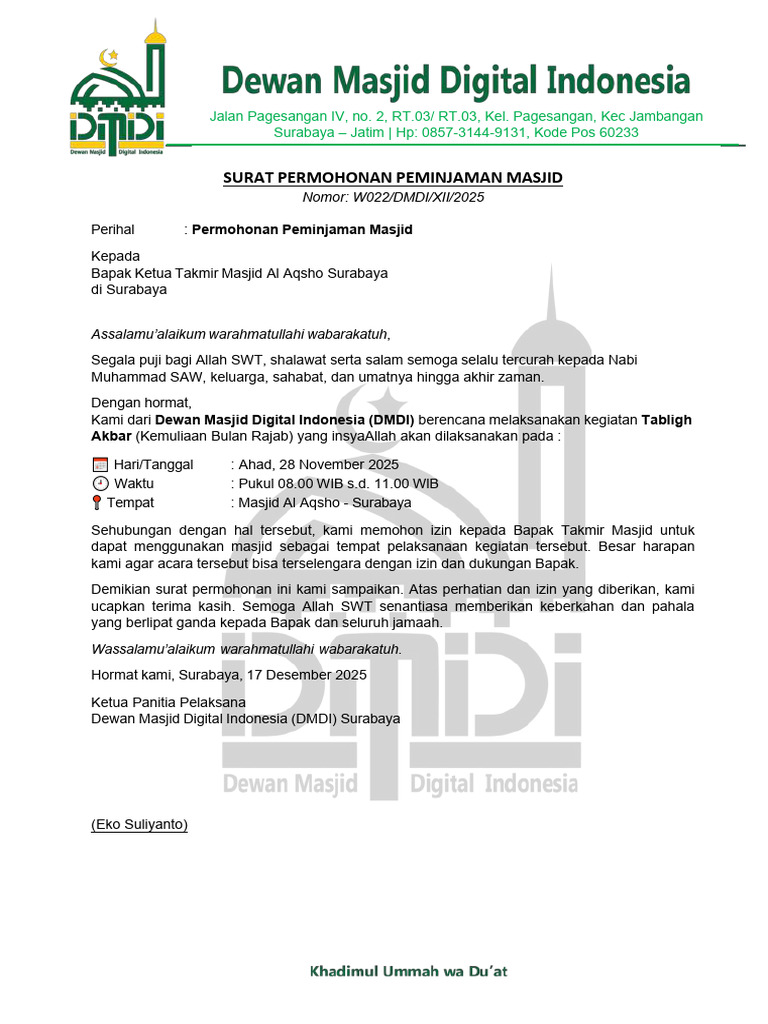 Surat Pinjam Masjid Al Aqsho | PDF