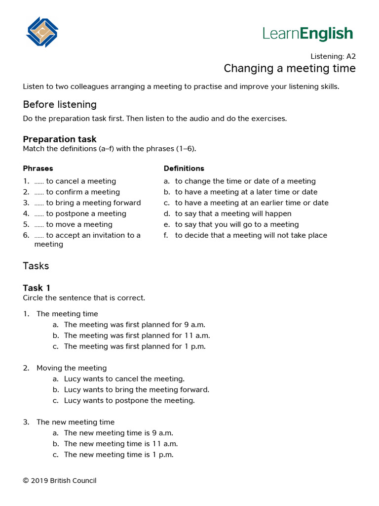 2 LearnEnglish Listening A2 Changing Meeting Time | PDF | Chess Theory ...