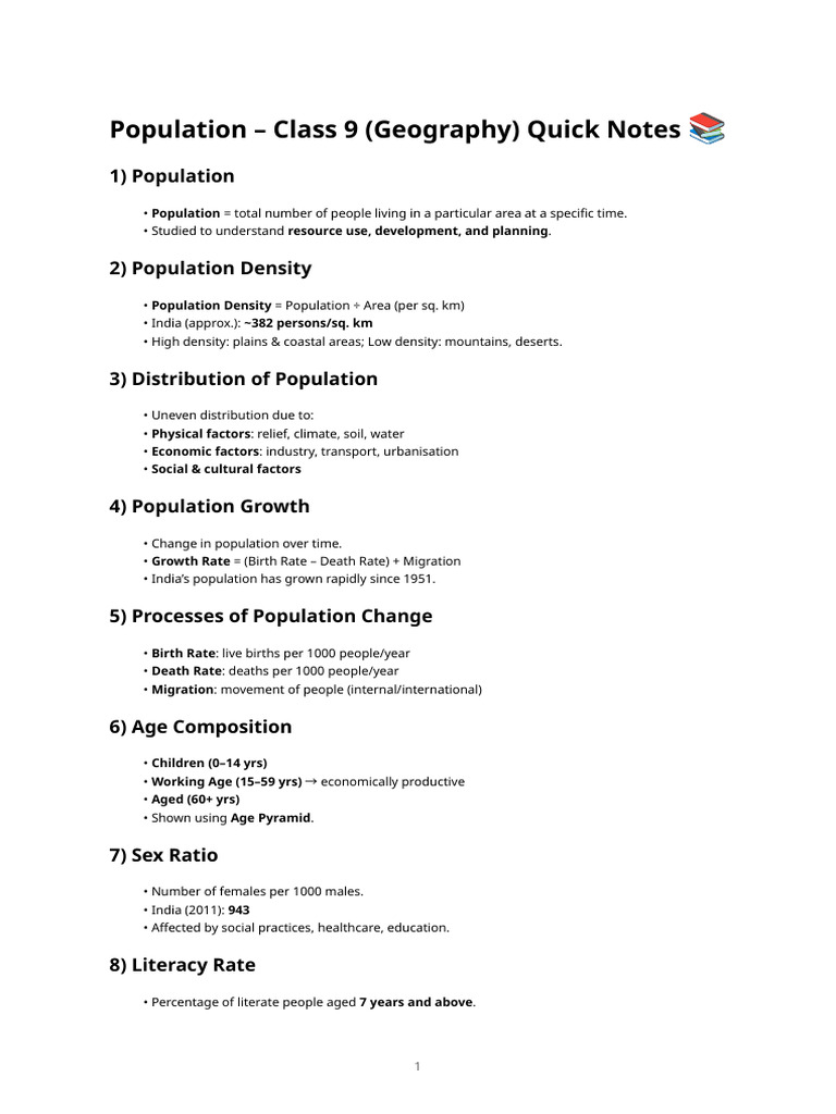 Class 9 Geography - Population (Quick Notes) | PDF