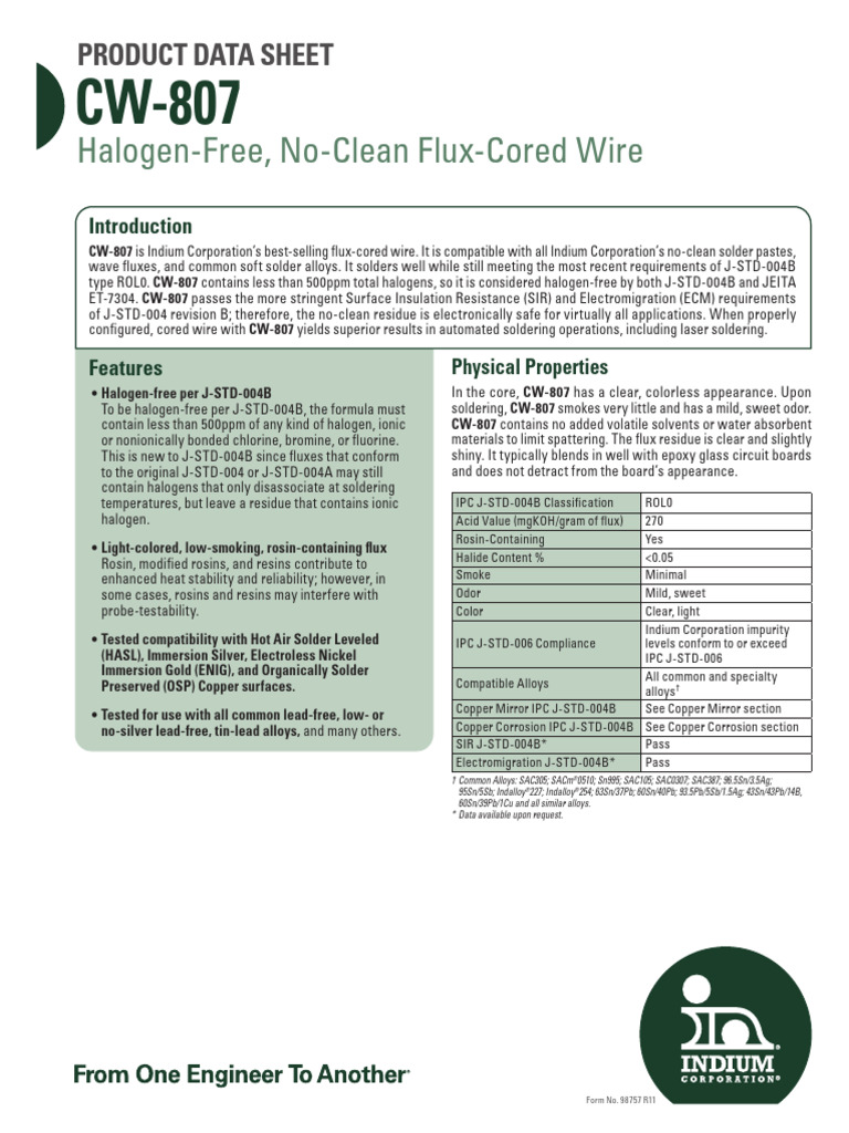 Cw807 Halogenfree Noclean Flux Cored Wire Pds 98757 r11 (1) | PDF ...