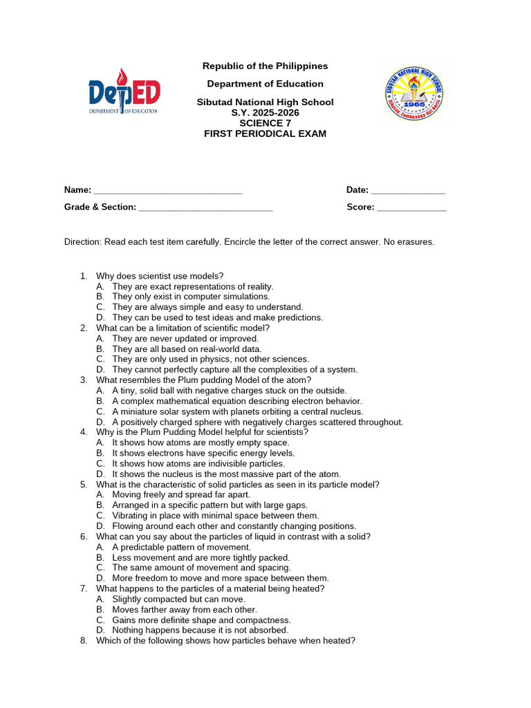Science 7 First Quarter Exam | PDF | Liquids | Evaporation