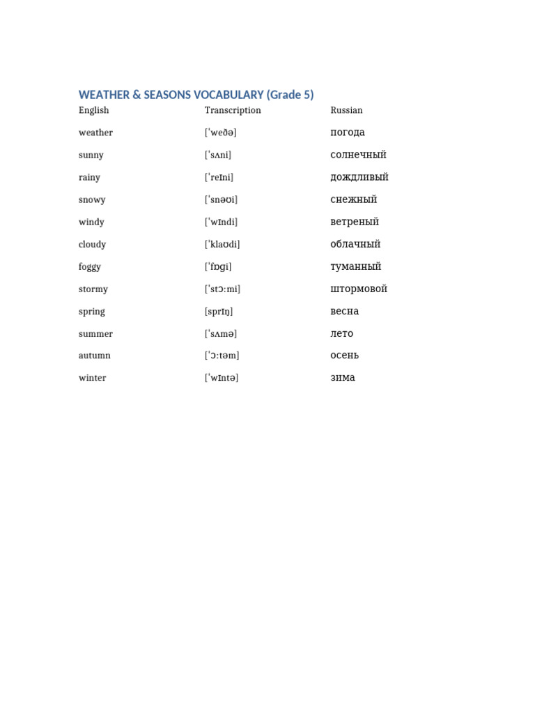 Weather Seasons Vocabulary and Tasks A4 | PDF