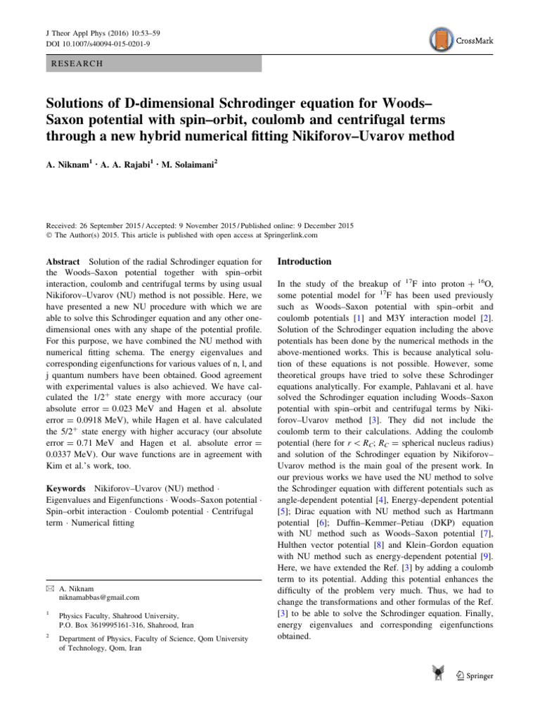 Solutions of D-dimensional Schrodinger Equation for Woods– | PDF | Schrödinger Equation | Physics