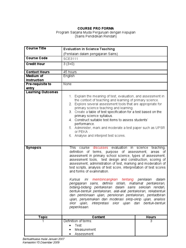Course Pro Forma: Evaluation in Science Teaching | PDF