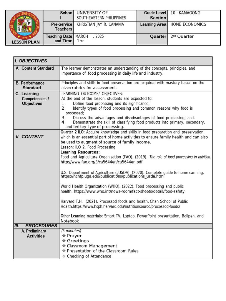 Lesson Plan | PDF | Food Processing | Foods