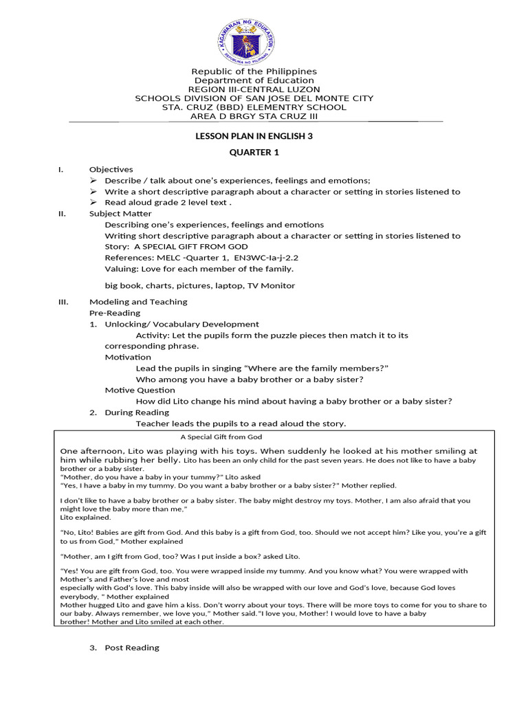 Lesson Plan in English 2 Special Gift From God-Co1 | PDF