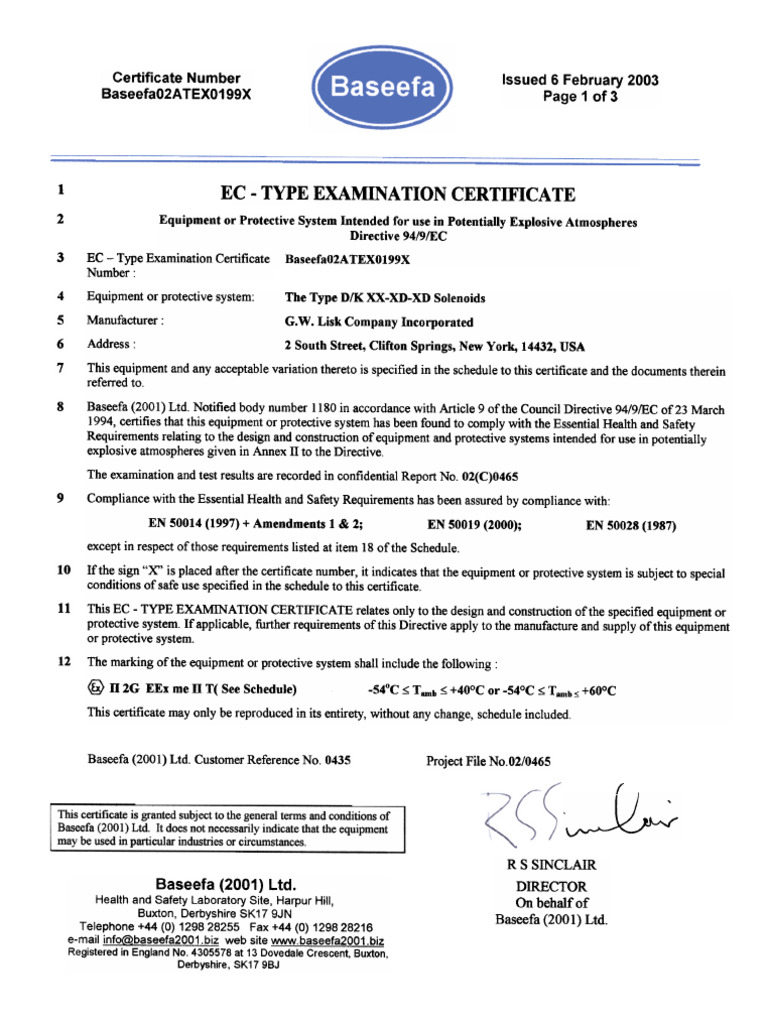 Baseefa 02 ATEX 0199X | PDF | Equipment | Electrical Equipment