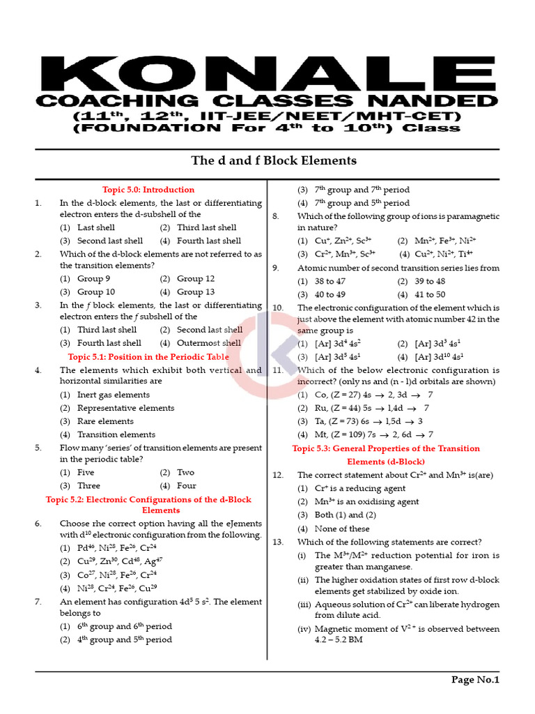 05 - The D and F Block Elements Without Answers | PDF | Transition ...