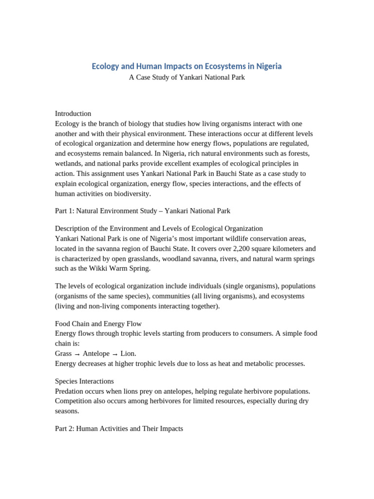 Ecology Assignment Yankari National Park | PDF | Ecology | Ecosystem