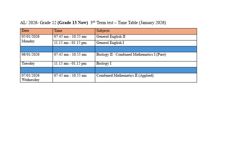 Grade 12 3rd Term Test Time Table Al 2026-1 | PDF