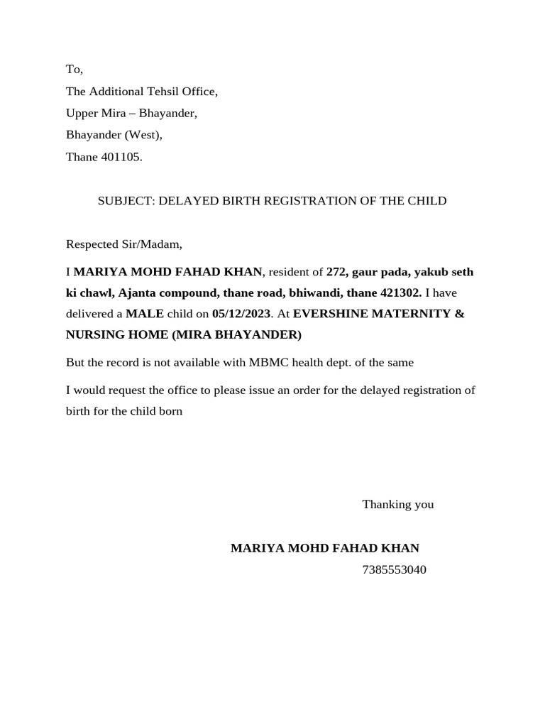 Delayed Birth Registration of The Child Format Tehsil Office | PDF