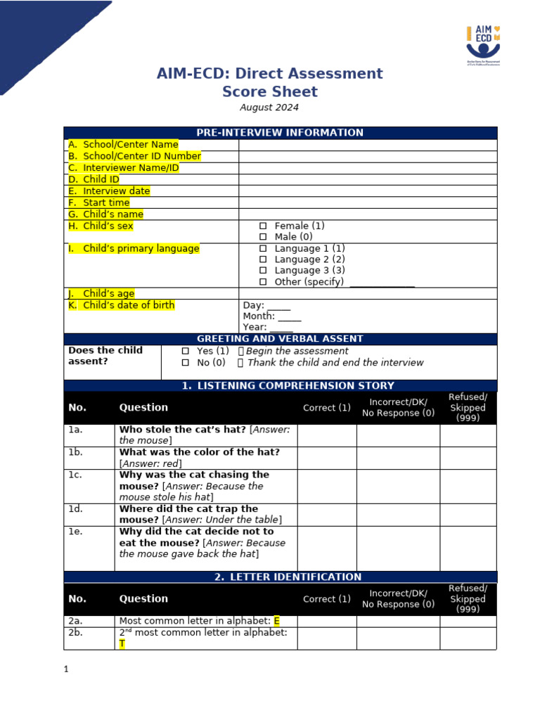 D.1.1 DA AIM-ECD Score Sheet | PDF | Alphabet