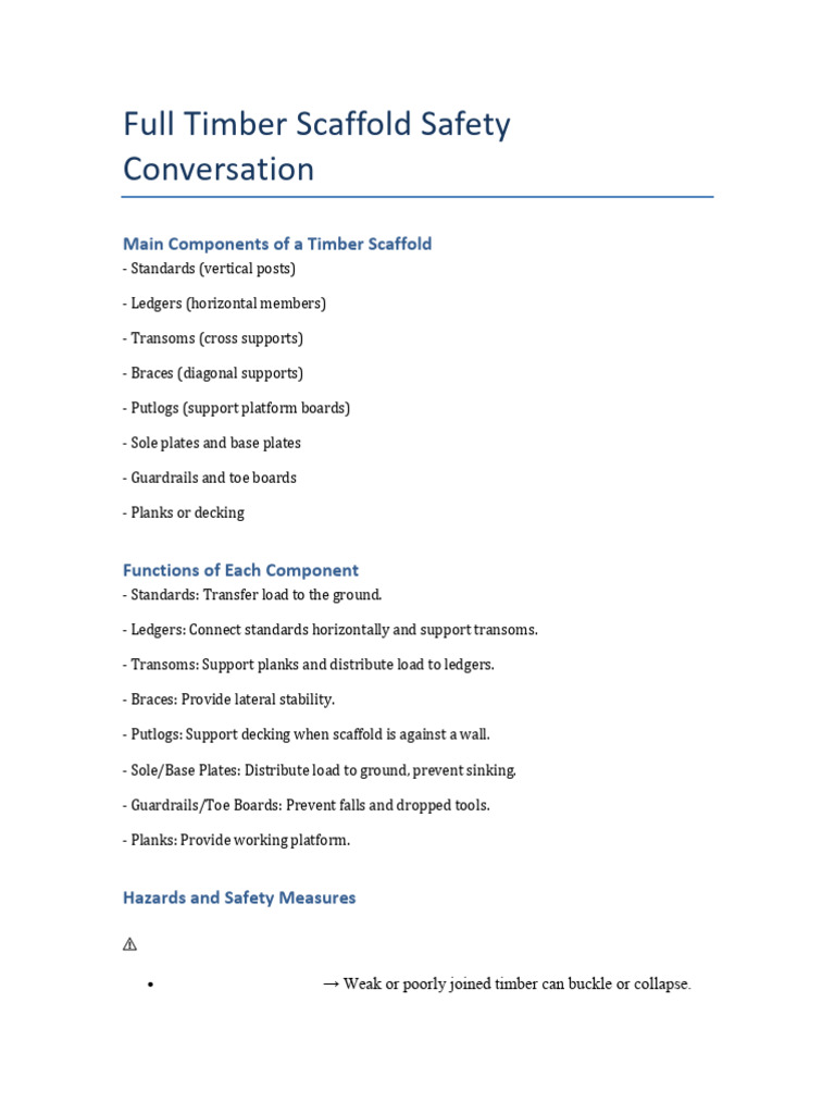 Full Timber Scaffold Safety Conversation | PDF | Scaffolding | Lumber