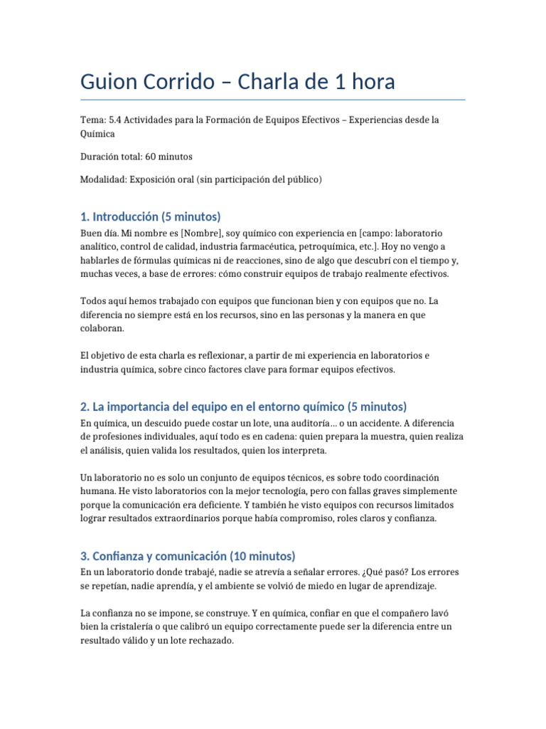 Guion Charla Equipos Efectivos | PDF | Laboratorios | Químico
