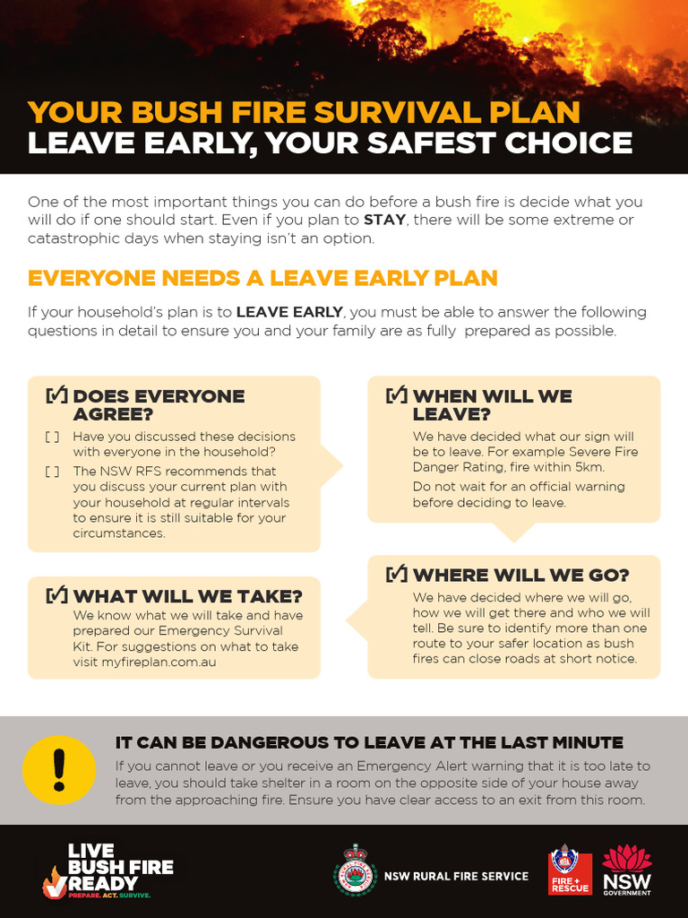 RFS Fact Sheet: Leaving Early During A Bushfire | PDF | Fires