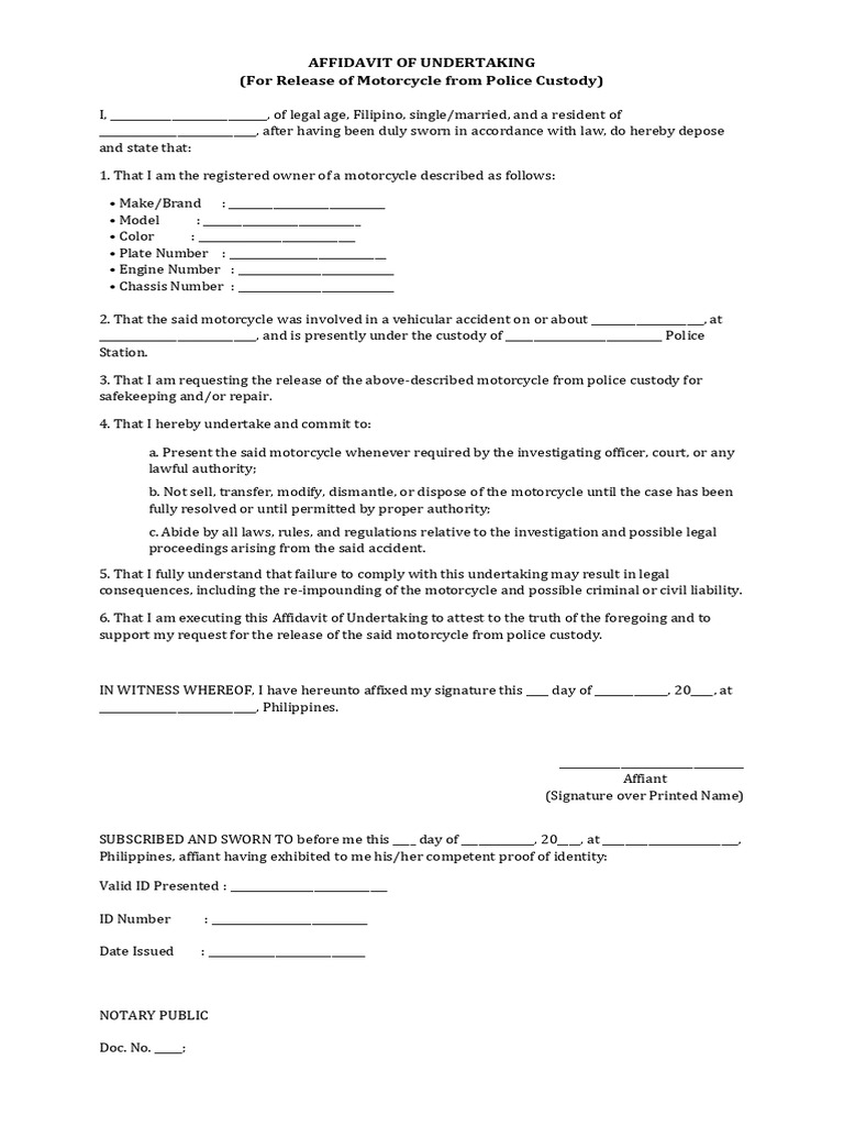 Affidavit of Undertaking Motorcycle Release | PDF | Affidavit | Civil ...