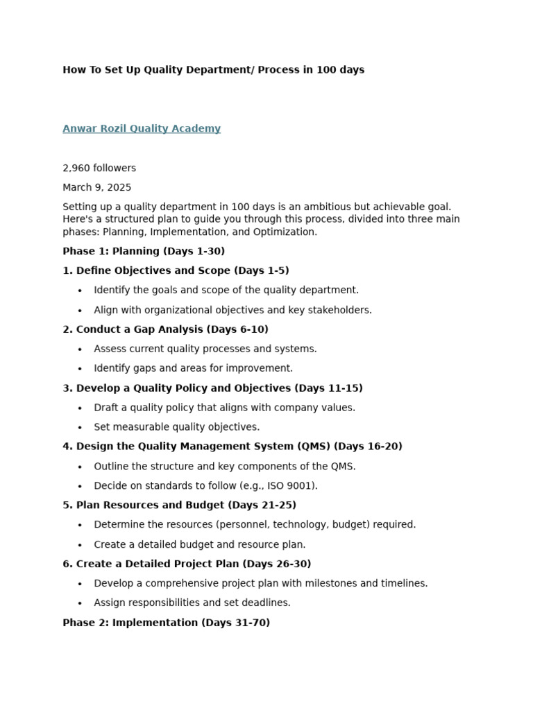How to Set Up Quality Department Process in 100 Days | PDF | Quality ...