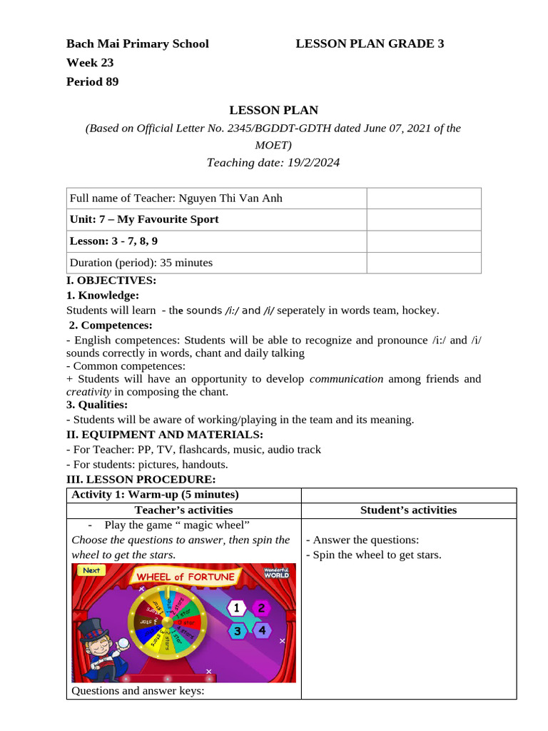 87.unit 7 - Lesson 3 - Period 3my Favourite Sport | PDF | Lesson Plan ...